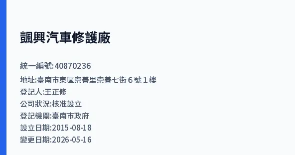 颽興汽車修護廠的照片-統編 40870236(臺南市) 公司登記資料與營業項目詳細圖表