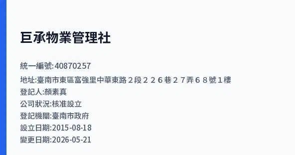 巨承物業管理社的照片-統編 40870257(臺南市) 公司登記資料與營業項目詳細圖表