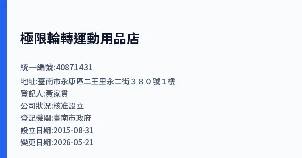 極限輪轉運動用品店的照片-統編 40871431(臺南市) 公司登記資料與營業項目詳細圖表