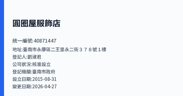 圓圈屋服飾店的照片-統編 40871447(臺南市) 公司登記資料與營業項目詳細圖表
