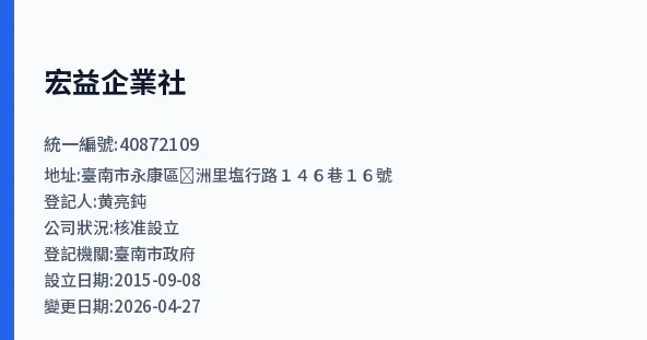 宏益企業社的照片-統編 40872109(臺南市) 公司登記資料與營業項目詳細圖表