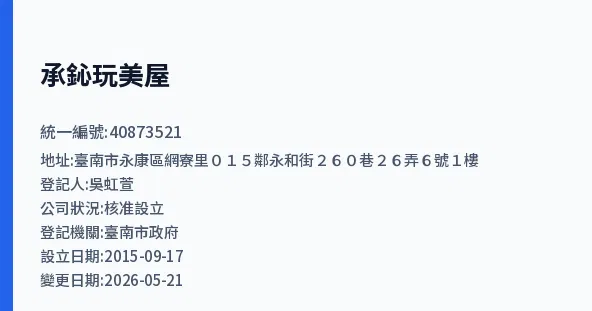 承鈊玩美屋的照片-統編 40873521(臺南市) 公司登記資料與營業項目詳細圖表