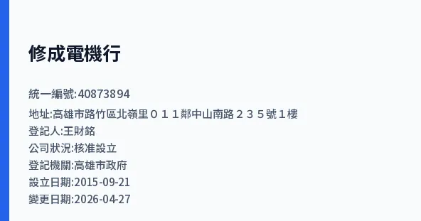 修成電機行的照片-統編 40873894(高雄市) 公司登記資料與營業項目詳細圖表
