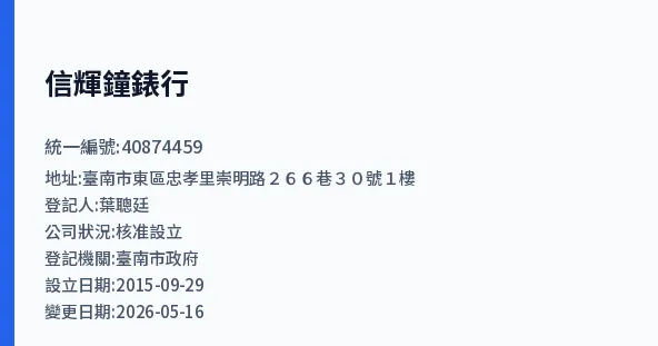 信輝鐘錶行的照片-統編 40874459(臺南市) 公司登記資料與營業項目詳細圖表
