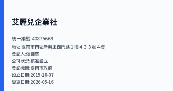 艾麗兒企業社的照片-統編 40875669(臺南市) 公司登記資料與營業項目詳細圖表