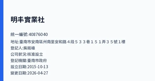 明丰實業社的照片-統編 40876040(臺南市) 公司登記資料與營業項目詳細圖表