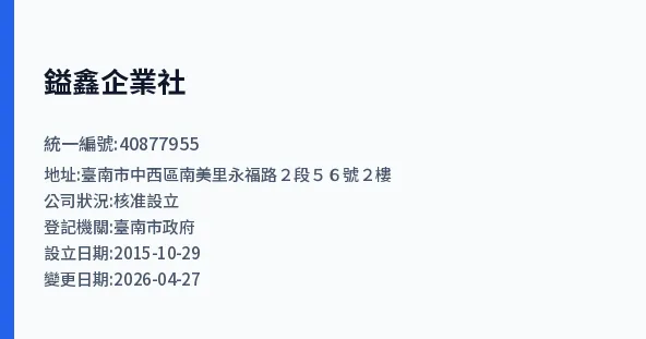 鎰鑫企業社的照片-統編 40877955(臺南市) 公司登記資料與營業項目詳細圖表