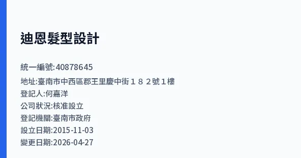 迪恩髮型設計的照片-統編 40878645(臺南市) 公司登記資料與營業項目詳細圖表