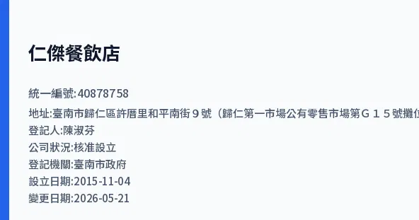 仁傑餐飲店的照片-統編 40878758(臺南市) 公司登記資料與營業項目詳細圖表