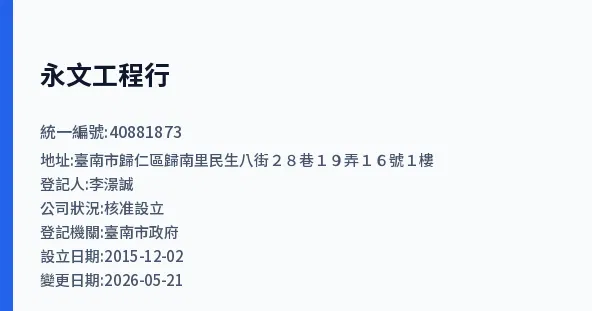 永文工程行的照片-統編 40881873(臺南市) 公司登記資料與營業項目詳細圖表