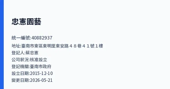 忠憲園藝的照片-統編 40882937(臺南市) 公司登記資料與營業項目詳細圖表
