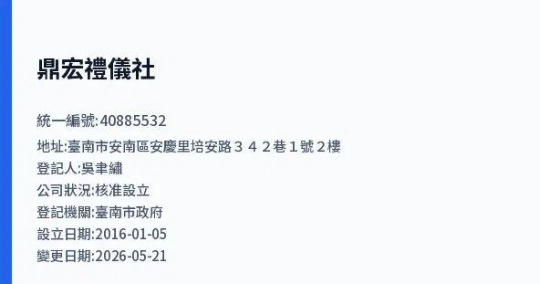 鼎宏禮儀社的照片-統編 40885532(臺南市) 公司登記資料與營業項目詳細圖表