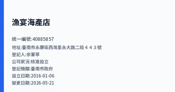 漁宴海產店的照片-統編 40885857(臺南市) 公司登記資料與營業項目詳細圖表