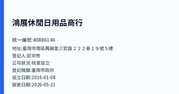 鴻展休閒日用品商行的照片-統編 40886146(臺南市) 公司登記資料與營業項目詳細圖表