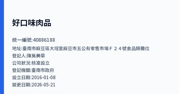 好口味肉品的照片-統編 40886188(臺南市) 公司登記資料與營業項目詳細圖表