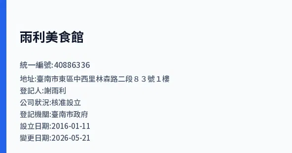 雨利美食館的照片-統編 40886336(臺南市) 公司登記資料與營業項目詳細圖表
