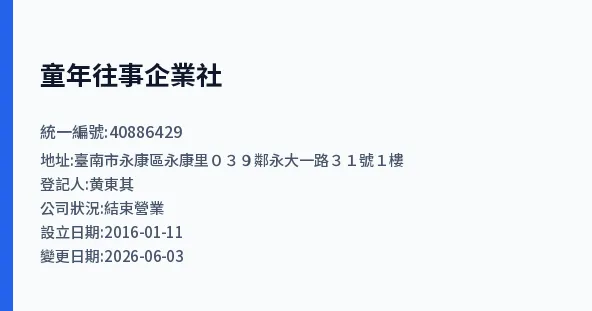 童年往事企業社的照片-統編 40886429(臺南市) 公司登記資料與營業項目詳細圖表