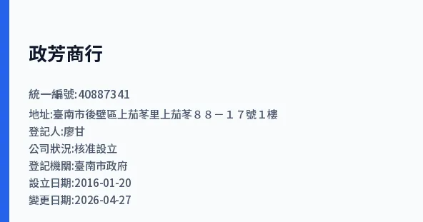 政芳商行的照片-統編 40887341(臺南市) 公司登記資料與營業項目詳細圖表