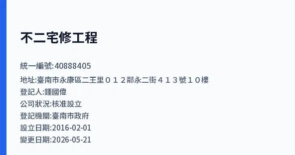 不二宅修工程的照片-統編 40888405(臺南市) 公司登記資料與營業項目詳細圖表