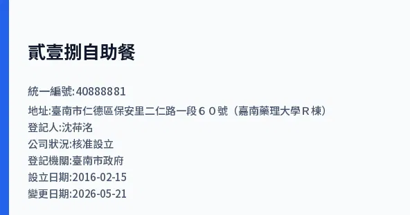 貳壹捌自助餐的照片-統編 40888881(臺南市) 公司登記資料與營業項目詳細圖表