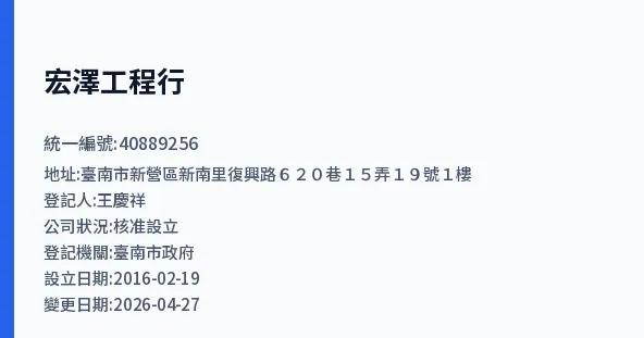 宏澤工程行的照片-統編 40889256(臺南市) 公司登記資料與營業項目詳細圖表