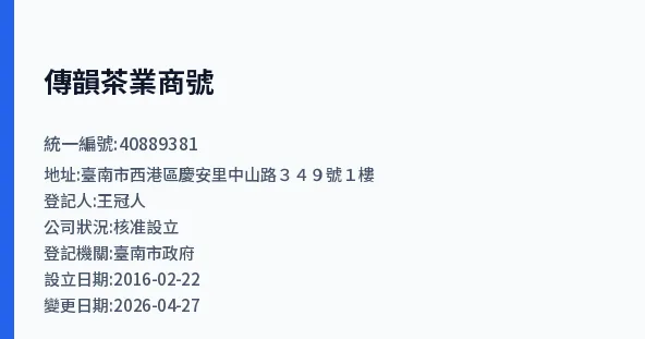 傳韻茶業商號的照片-統編 40889381(臺南市) 公司登記資料與營業項目詳細圖表