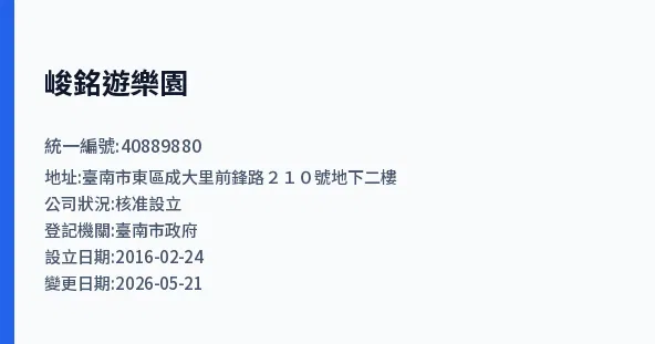 峻銘遊樂園的照片-統編 40889880(臺南市) 公司登記資料與營業項目詳細圖表