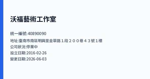 沃福藝術工作室的照片-統編 40890090(臺南市) 公司登記資料與營業項目詳細圖表