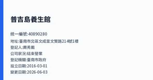 普吉島養生館的照片-統編 40890280(臺南市) 公司登記資料與營業項目詳細圖表