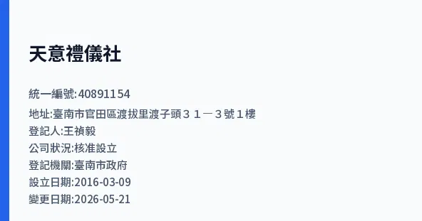 天意禮儀社的照片-統編 40891154(臺南市) 公司登記資料與營業項目詳細圖表