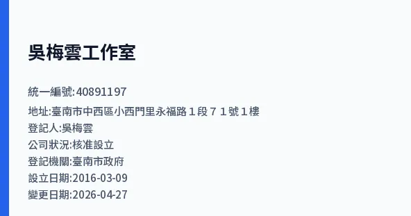 吳梅雲工作室的照片-統編 40891197(臺南市) 公司登記資料與營業項目詳細圖表