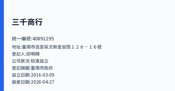 三千商行的照片-統編 40891295(臺南市) 公司登記資料與營業項目詳細圖表
