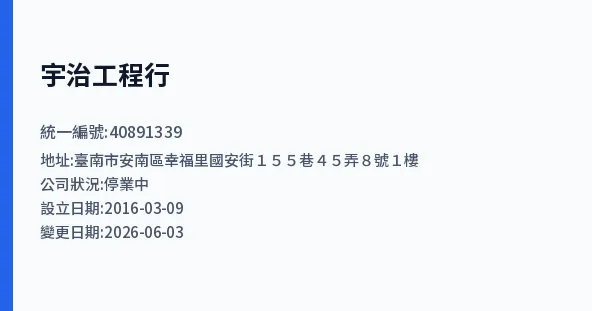 宇治工程行的照片-統編 40891339(臺南市) 公司登記資料與營業項目詳細圖表