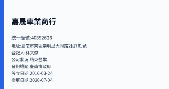 嘉晟車業商行的照片-統編 40892626(臺南市) 公司登記資料與營業項目詳細圖表