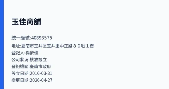 玉佳商舖的照片-統編 40893575(臺南市) 公司登記資料與營業項目詳細圖表