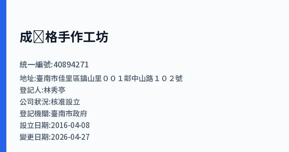 成䅨格手作工坊的照片-統編 40894271(臺南市) 公司登記資料與營業項目詳細圖表