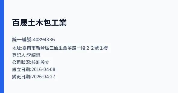 百晟土木包工業的照片-統編 40894336(臺南市) 公司登記資料與營業項目詳細圖表
