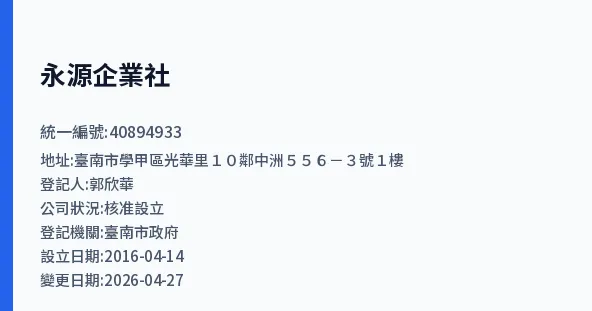 永源企業社的照片-統編 40894933(臺南市) 公司登記資料與營業項目詳細圖表