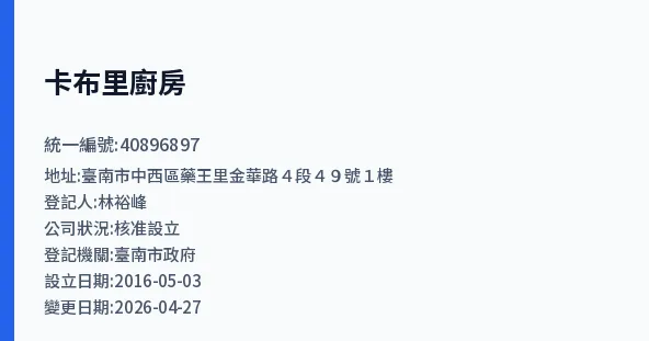 卡布里廚房的照片-統編 40896897(臺南市) 公司登記資料與營業項目詳細圖表