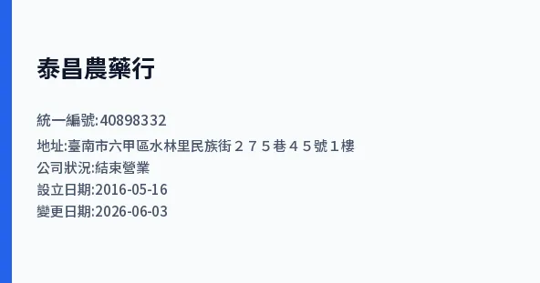 泰昌農藥行的照片-統編 40898332(臺南市) 公司登記資料與營業項目詳細圖表