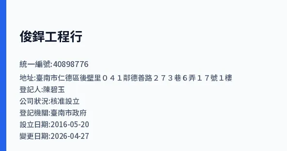 俊銲工程行的照片-統編 40898776(臺南市) 公司登記資料與營業項目詳細圖表