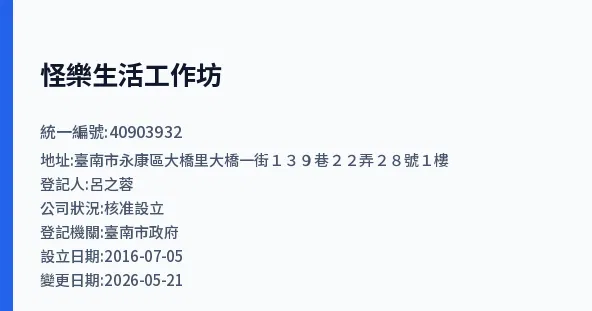 怪樂生活工作坊的照片-統編 40903932(臺南市) 公司登記資料與營業項目詳細圖表