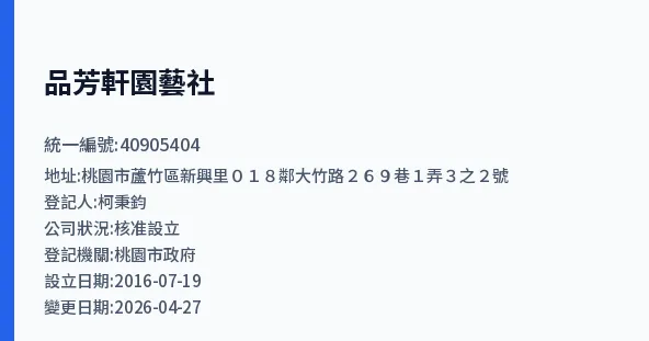 品芳軒園藝社的照片-統編 40905404(桃園市) 公司登記資料與營業項目詳細圖表