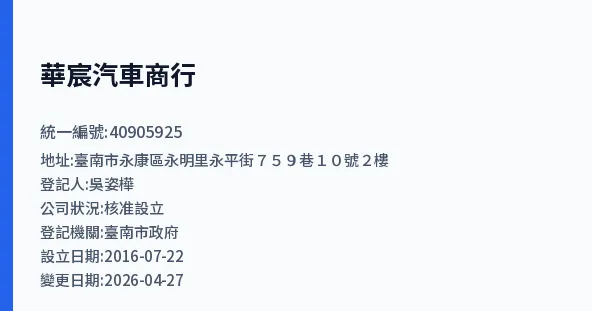 華宸汽車商行的照片-統編 40905925(臺南市) 公司登記資料與營業項目詳細圖表