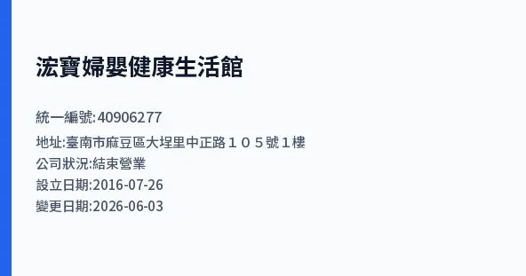 浤寶婦嬰健康生活館的照片-統編 40906277(臺南市) 公司登記資料與營業項目詳細圖表