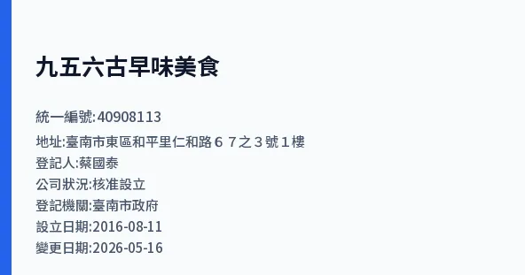 九五六古早味美食的照片-統編 40908113(臺南市) 公司登記資料與營業項目詳細圖表