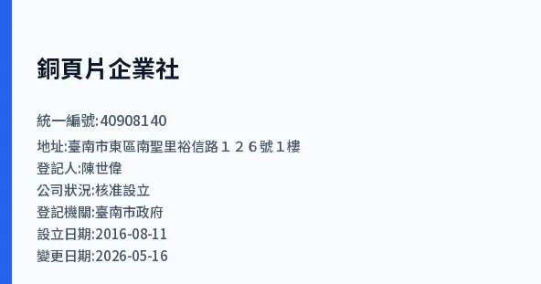 銅頁片企業社的照片-統編 40908140(臺南市) 公司登記資料與營業項目詳細圖表