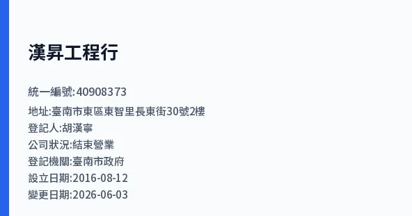 漢昇工程行的照片-統編 40908373(臺南市) 公司登記資料與營業項目詳細圖表