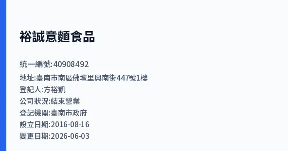 裕誠意麵食品的照片-統編 40908492(臺南市) 公司登記資料與營業項目詳細圖表