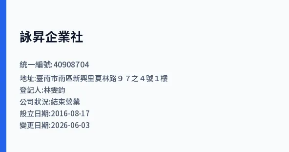 詠昇企業社的照片-統編 40908704(臺南市) 公司登記資料與營業項目詳細圖表